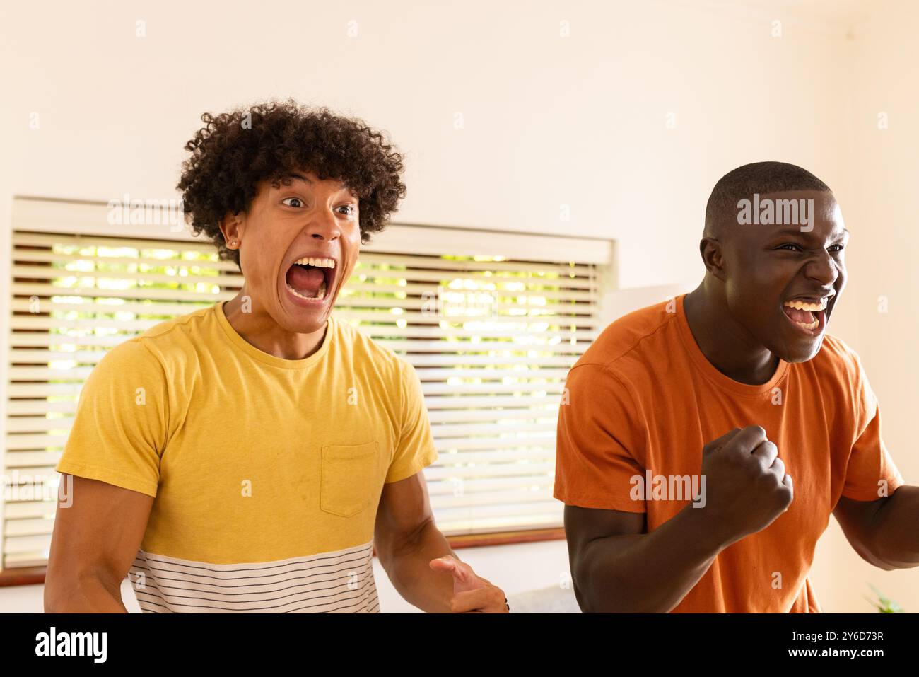 At home, Cheering and celebrating, two excited diverse male friends ...