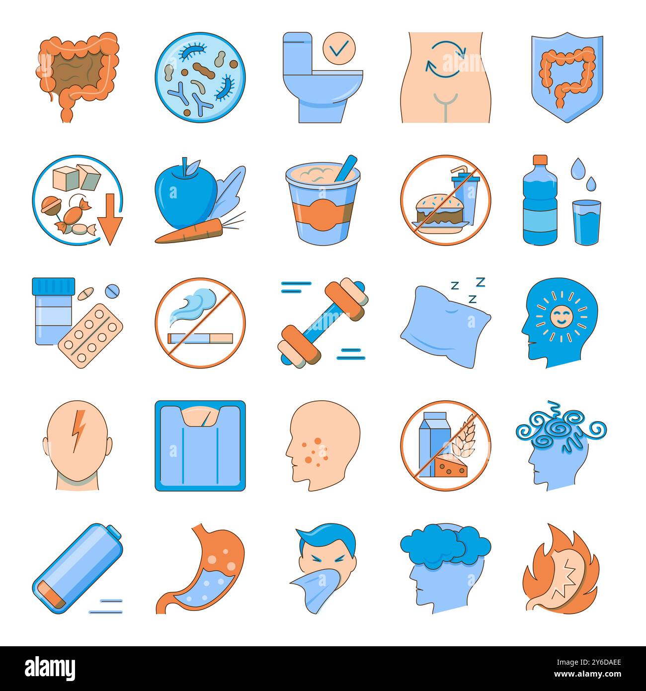 Healthy and unhealthy gut icon set. Digestive system health. Vector ...
