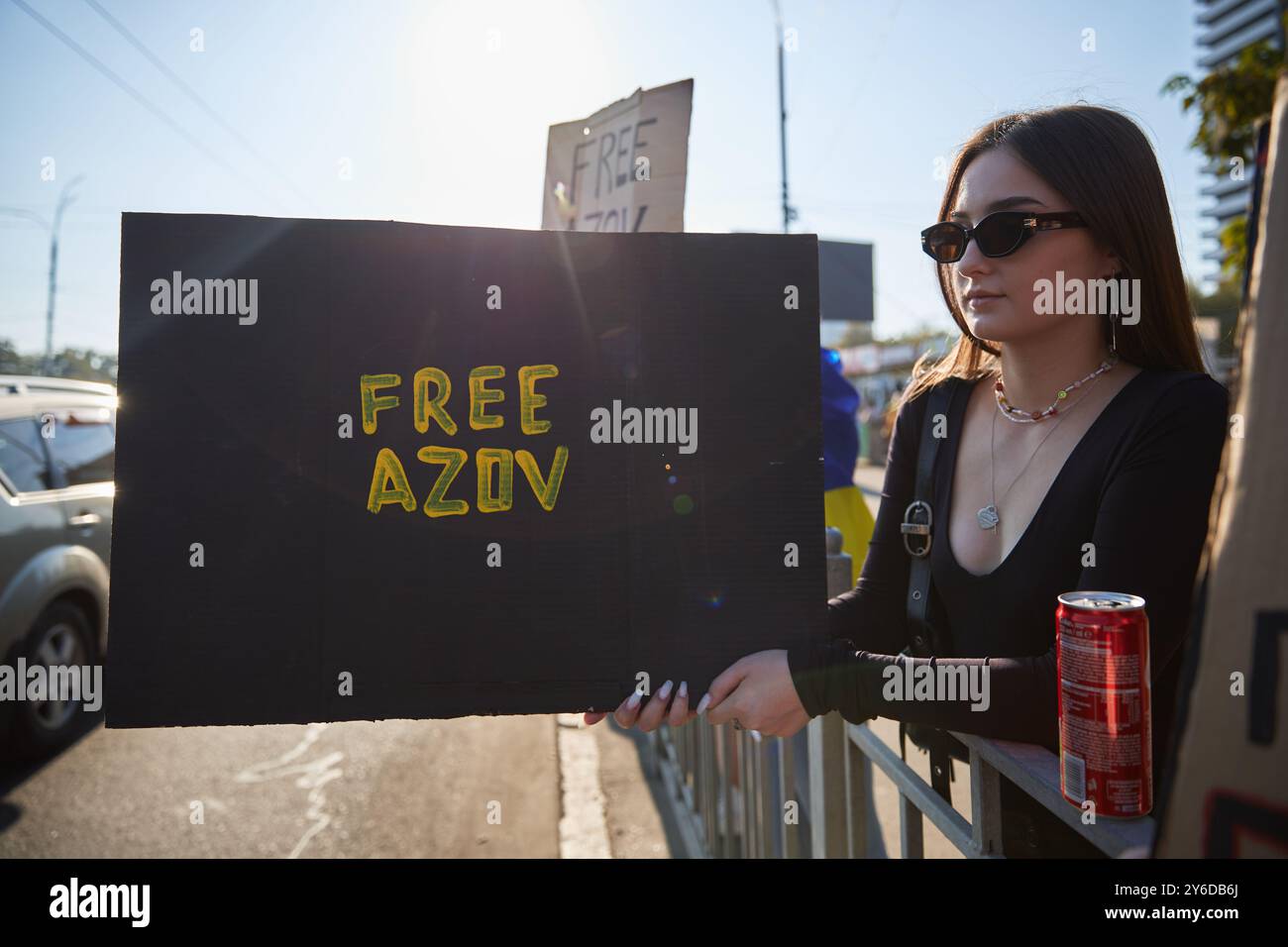 Ukrainian girl demonstrating with a sign Free Azov in Kyiv - 22 ...