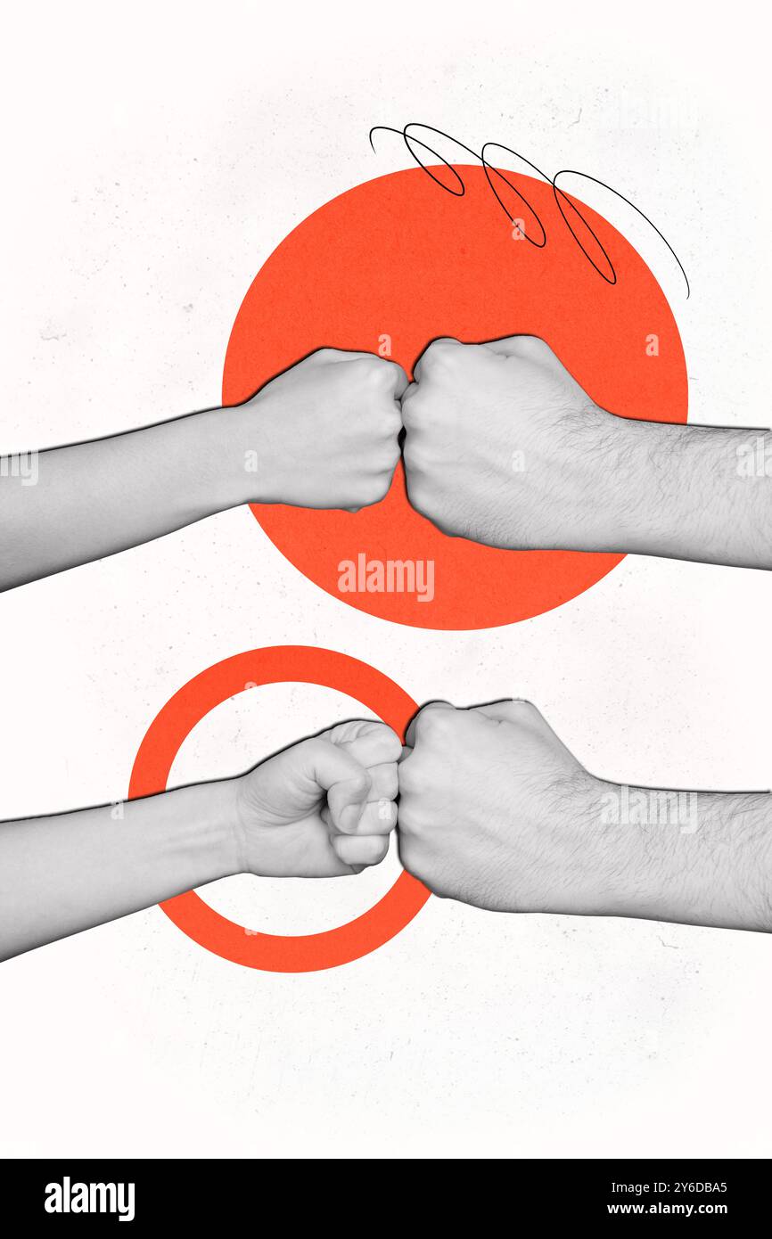 Vertical collage human hands body fragments fists strike fight power ...