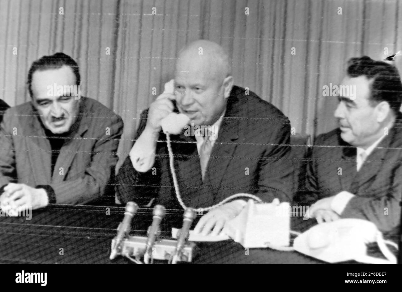 SOVIET PRIME MINISTER NIKITA KHRUSHCHEV WITH ANASTAS MIKOYAN AND LEONID ...