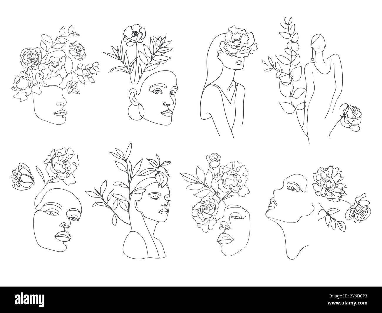 Vector set of woman face art, continuous line feminine illustrations ...