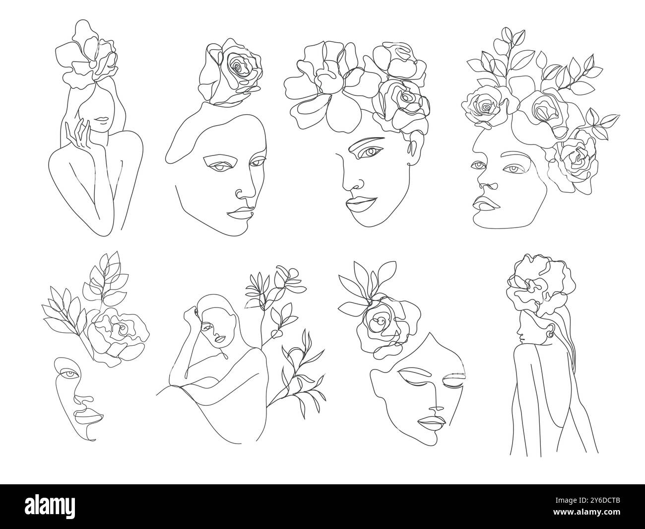 Vector set of woman face art, continuous line feminine illustrations ...