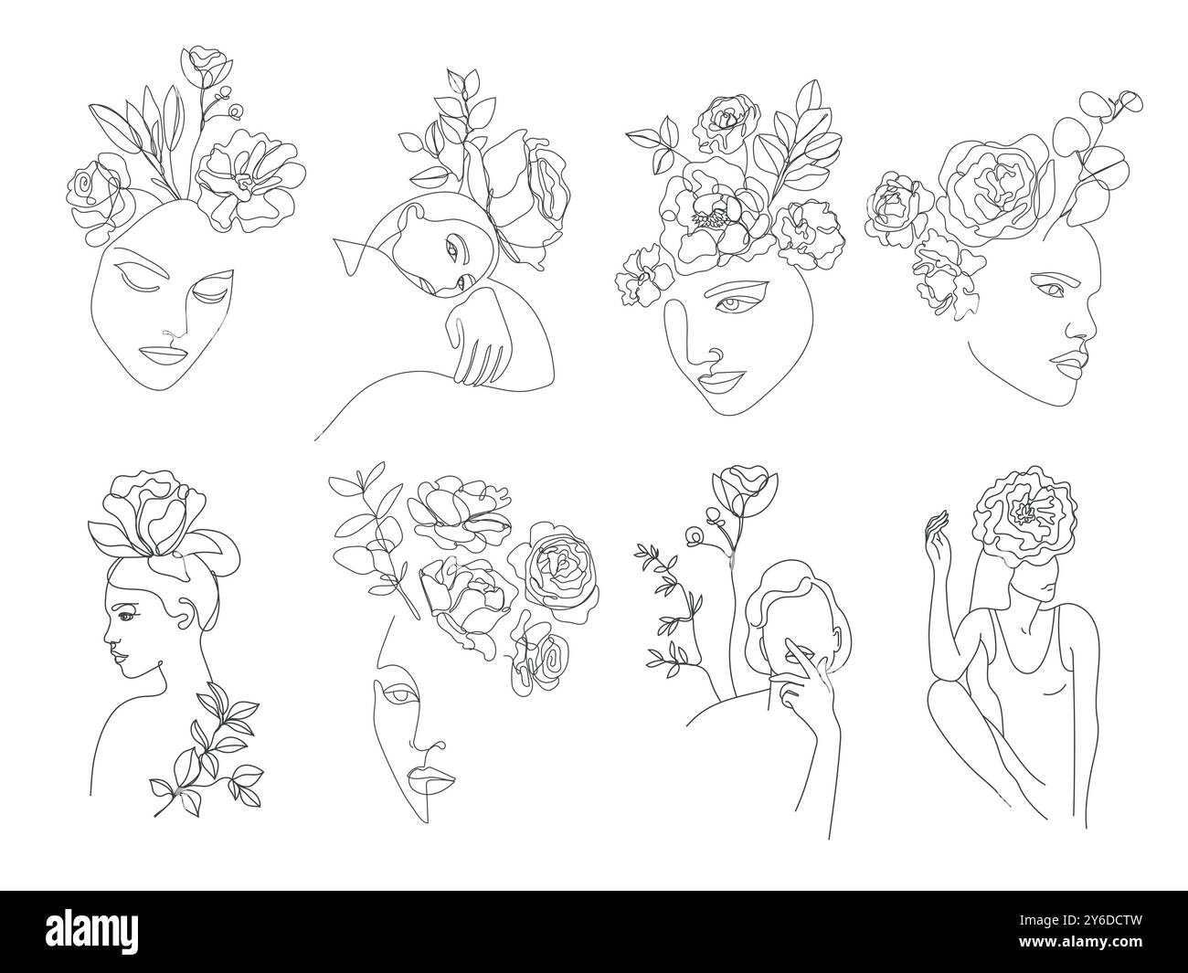 Vector set of woman face art, continuous line feminine illustrations ...
