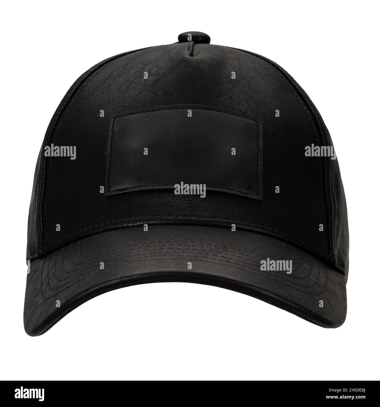 Front view of a black leather cap featuring a patch on the front panel ...