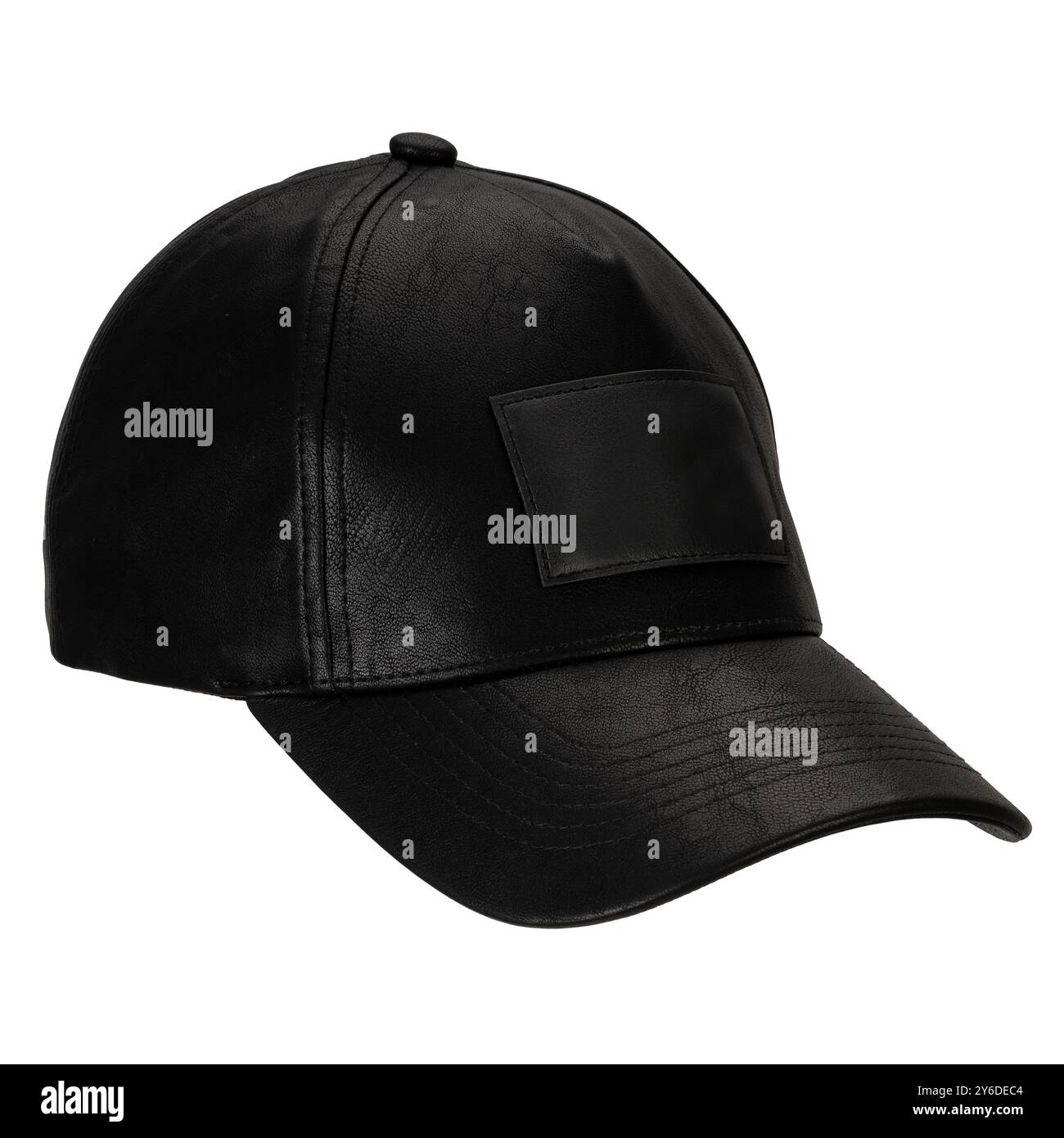 Angled Side View of Black Leather Cap with Patch Stock Photo - Alamy