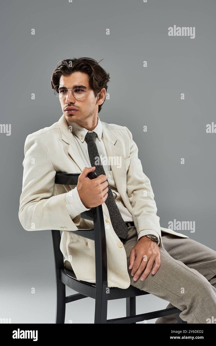 A young man dressed in elegant formal wear strikes a poised pose while ...
