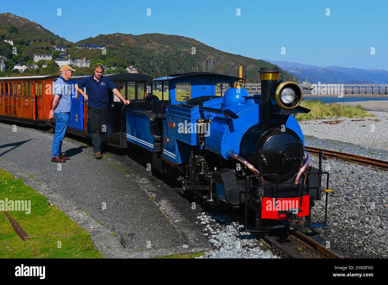 Fairbourne Railway, engine and carriages across the Mawddach estuary ...