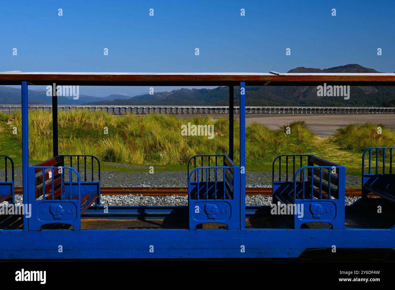 Fairbourne Railway, engine and carriages across the Mawddach estuary ...