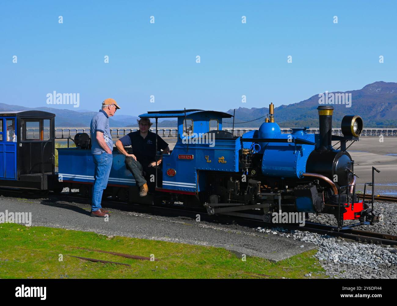 Fairbourne Railway, engine and carriages across the Mawddach estuary ...