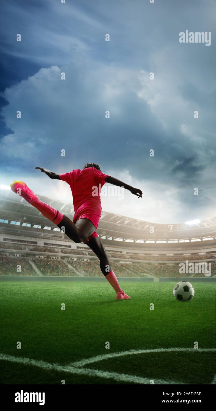 3D render of stadium. Dynamic image of man, soccer player, leaping to kick the ball with power ...