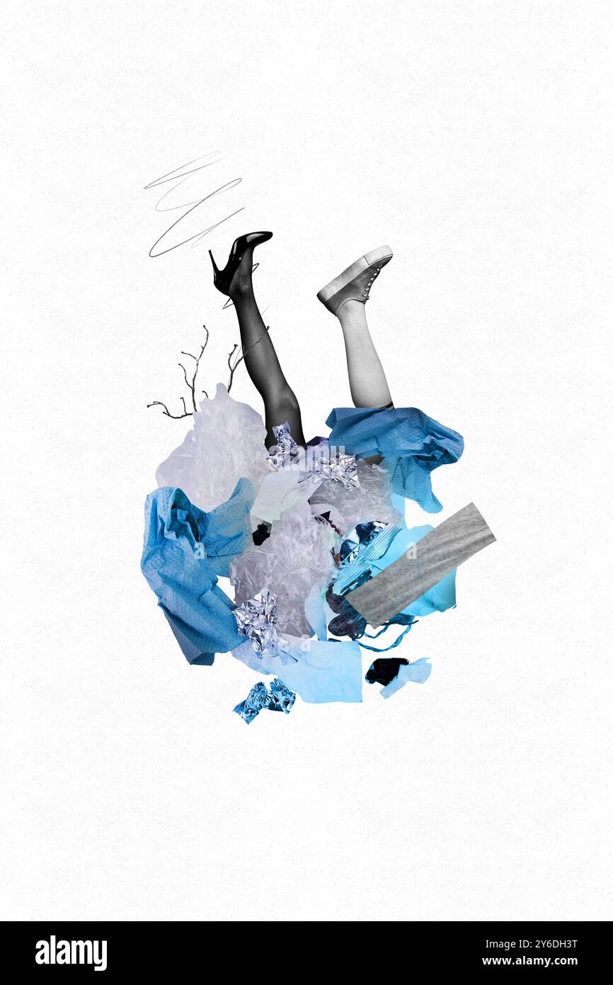 Vertical collage woman legs body fragment garbage trash pile bunch ...