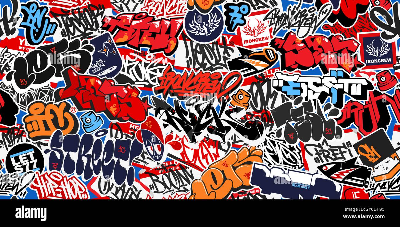 Trendy Seamless Colorful Urban Graffiti Style Sticker Bombing With Some ...