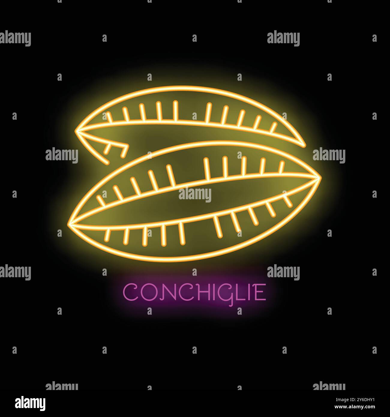 Yellow neon sign depicting the conchiglie pasta shape, glowing on a ...