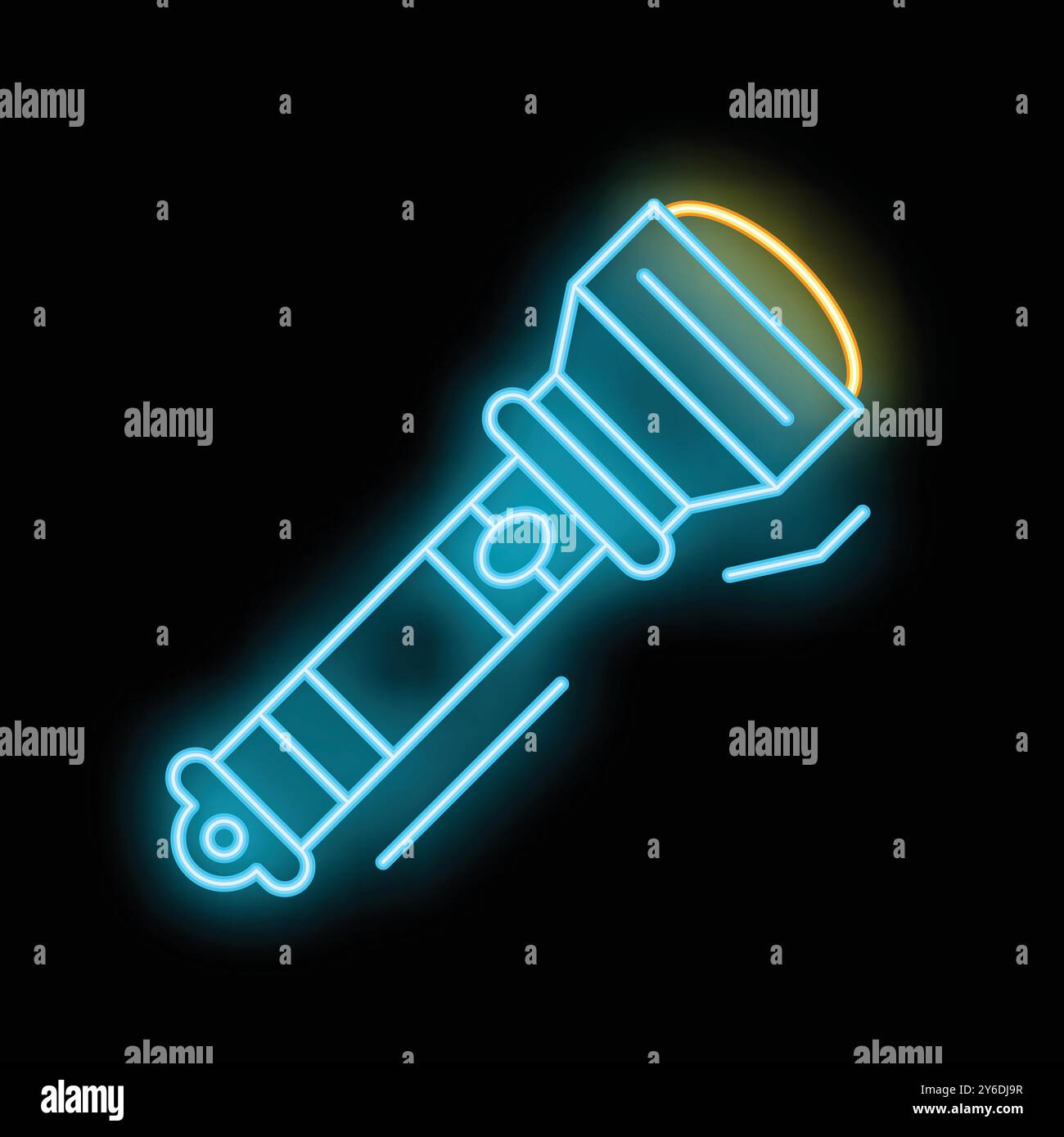 Blue and yellow neon sign of a flashlight shining brightly in the dark ...