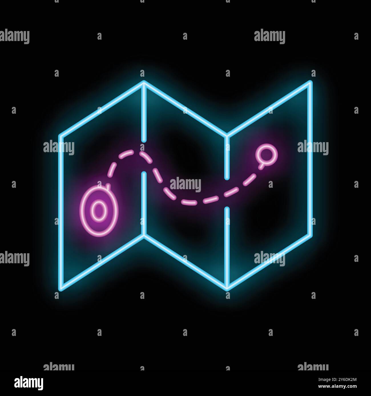 Neon map showing the route to reach a destination point from a starting ...