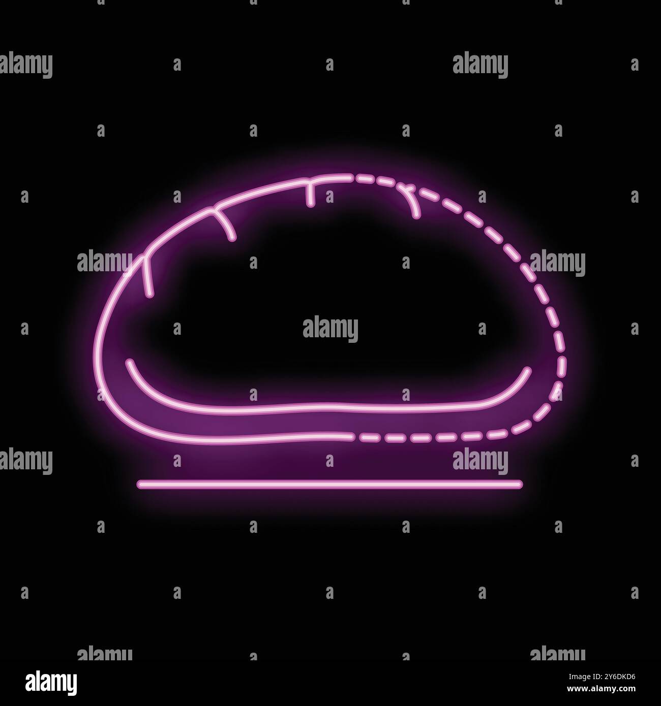 Neon sign in the shape of a loaf of bread is glowing on a black ...