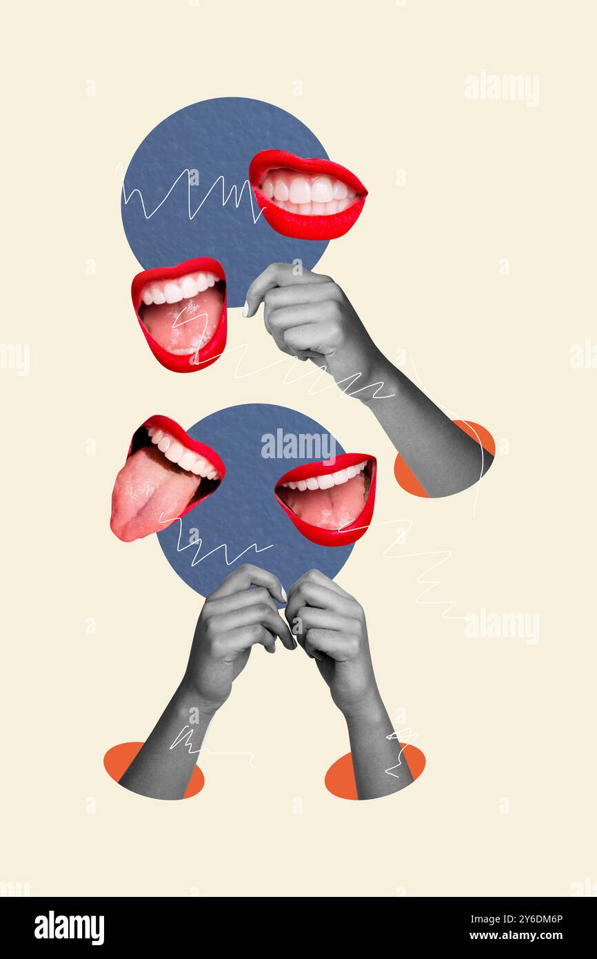 Vertical photo collage of happy faceless mouth smile female lips teeth ...