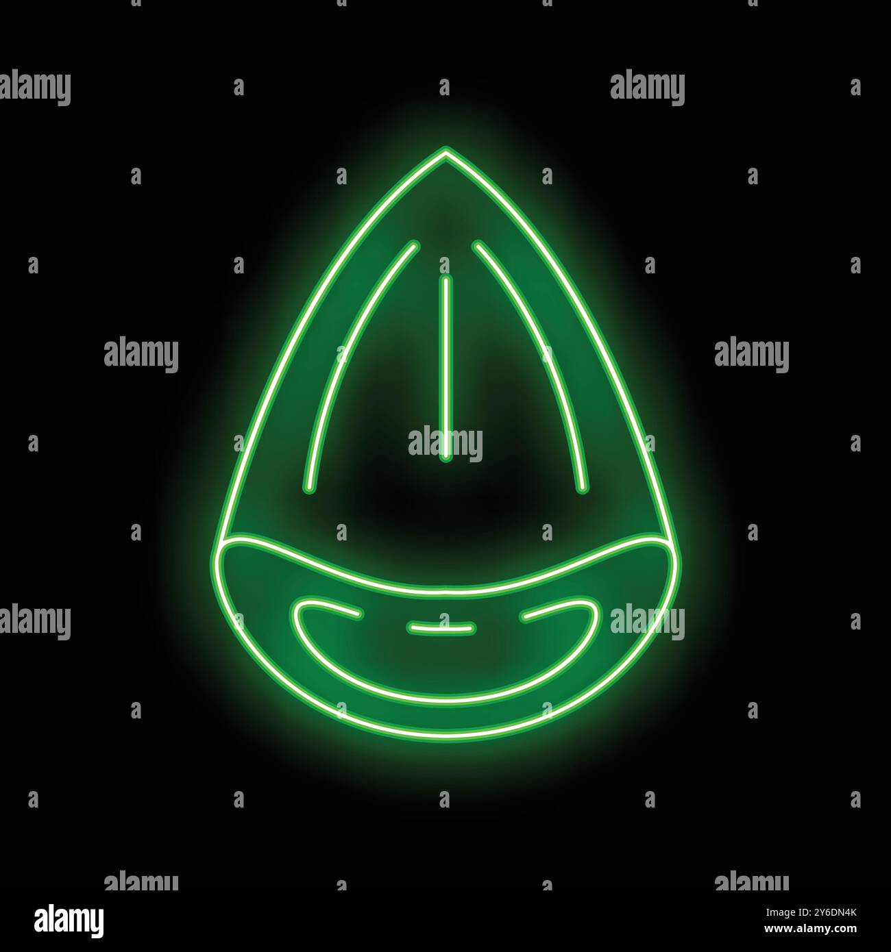 Green neon light is glowing in the shape of a smiling almond on a black ...