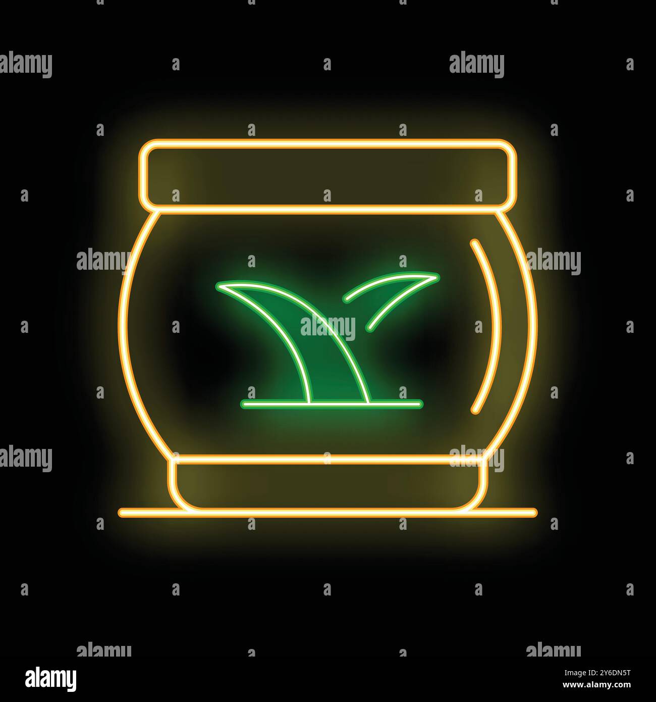 Neon glowing icon of green tea leaves growing in a bowl, isolated on a ...