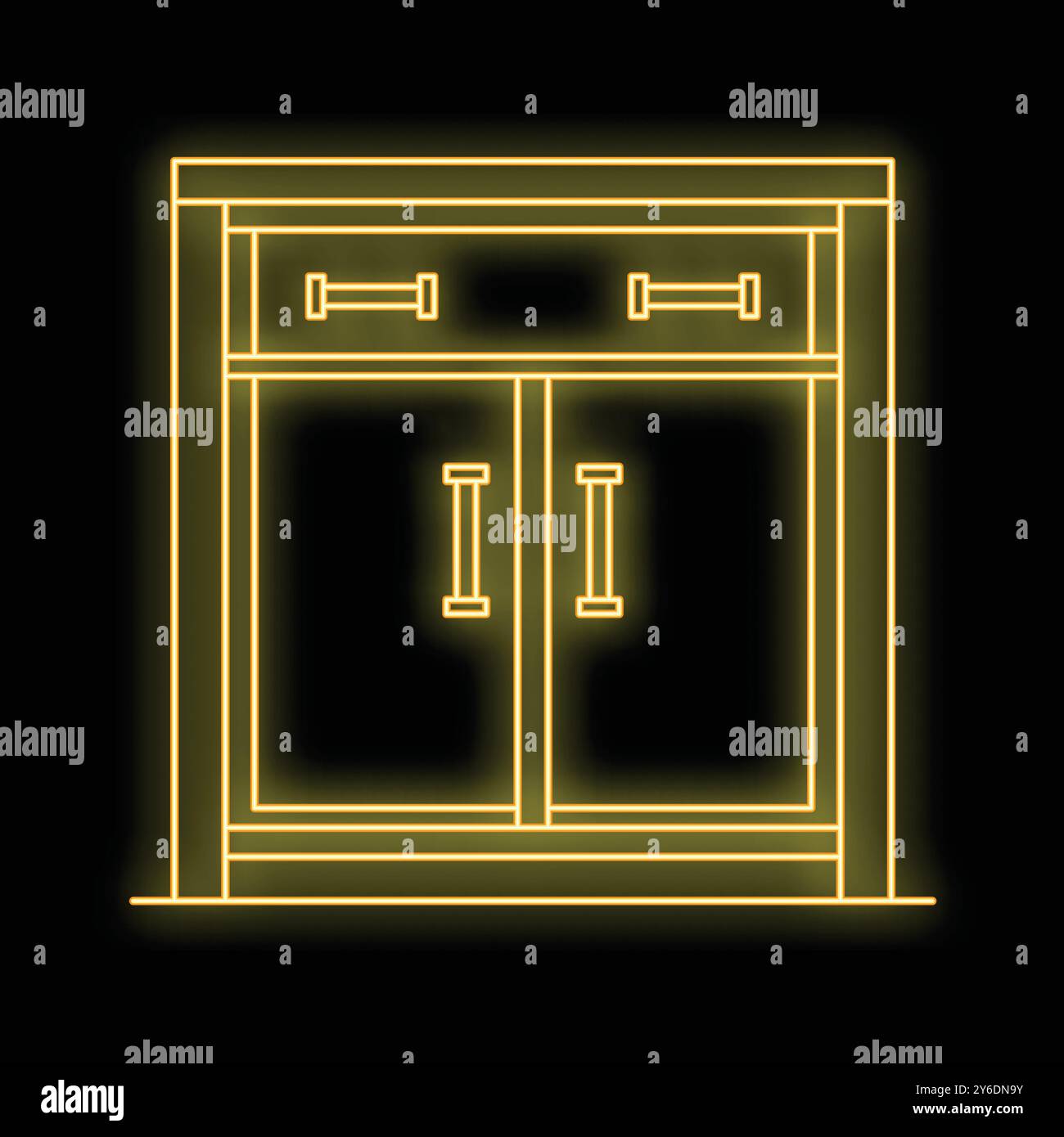 Bright yellow neon outline of a cabinet with drawers and double doors ...
