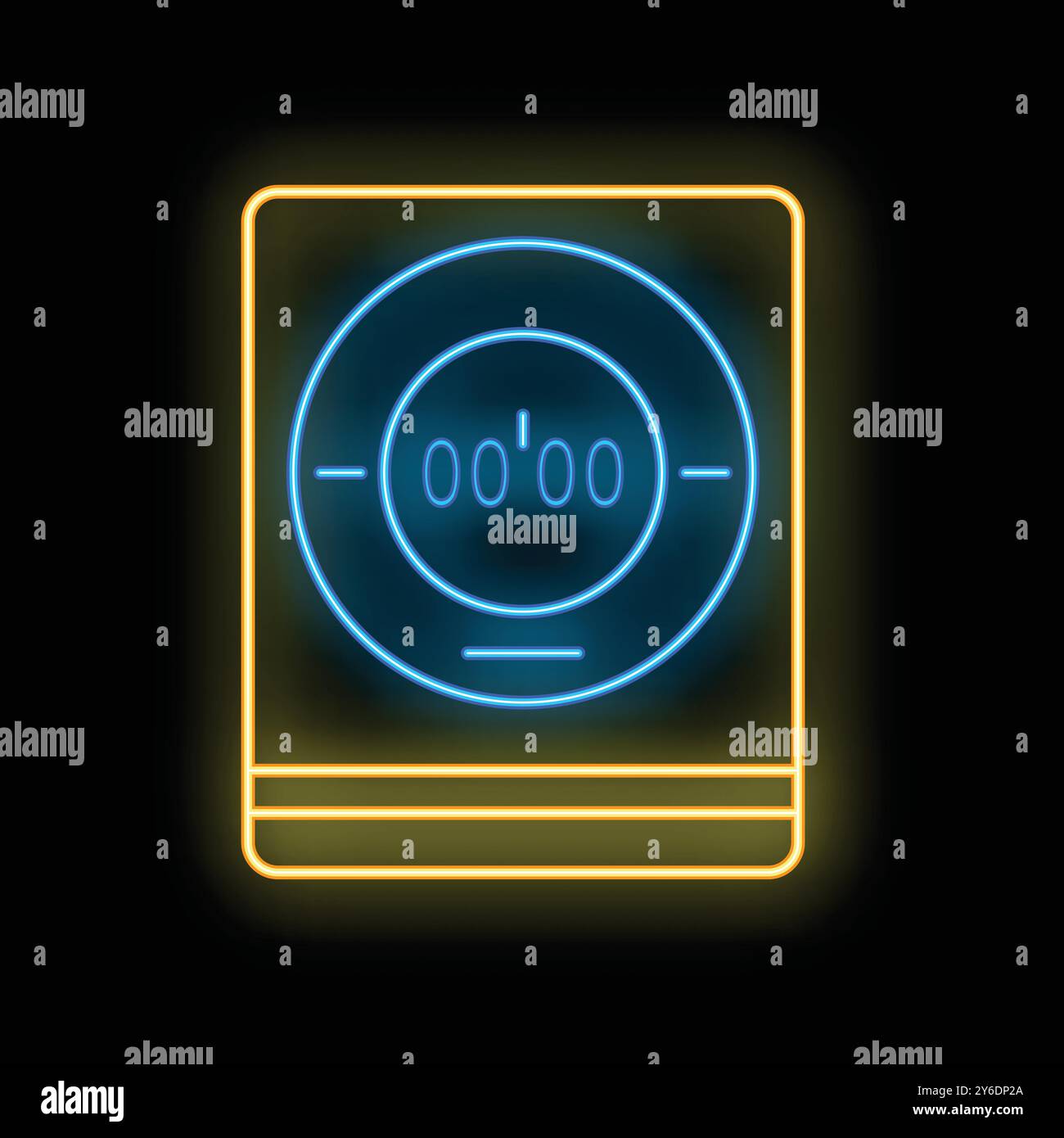 Blue and yellow neon icon of a timer showing 00,00, glowing on a black ...