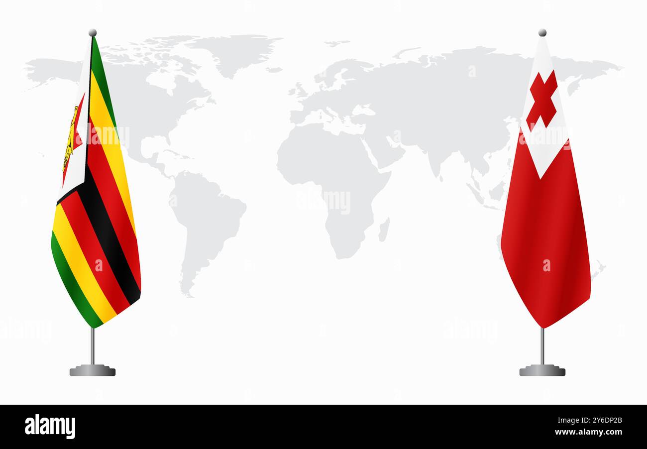Zimbabwe and Tonga flags for official meeting against background of ...