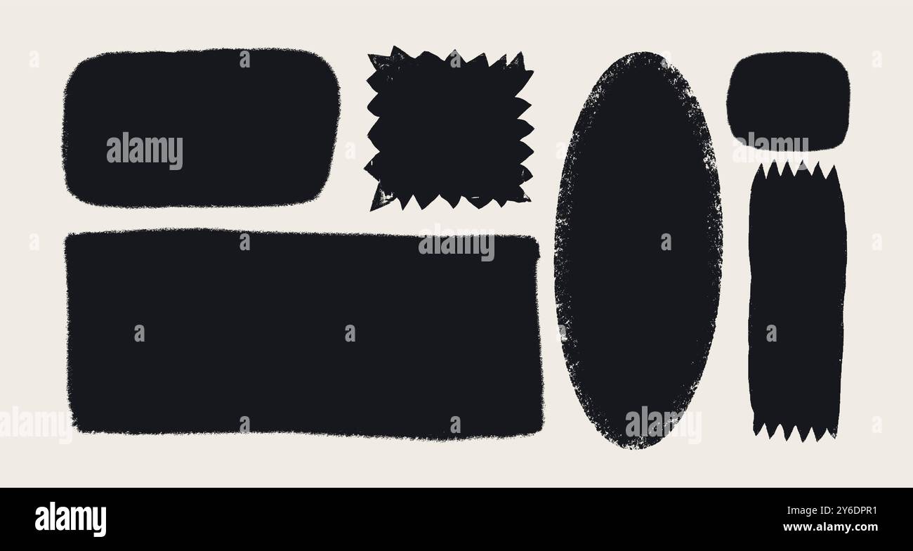 Simple shapes with rough torn edges. Grunge style various figures with ripped border. Black ...
