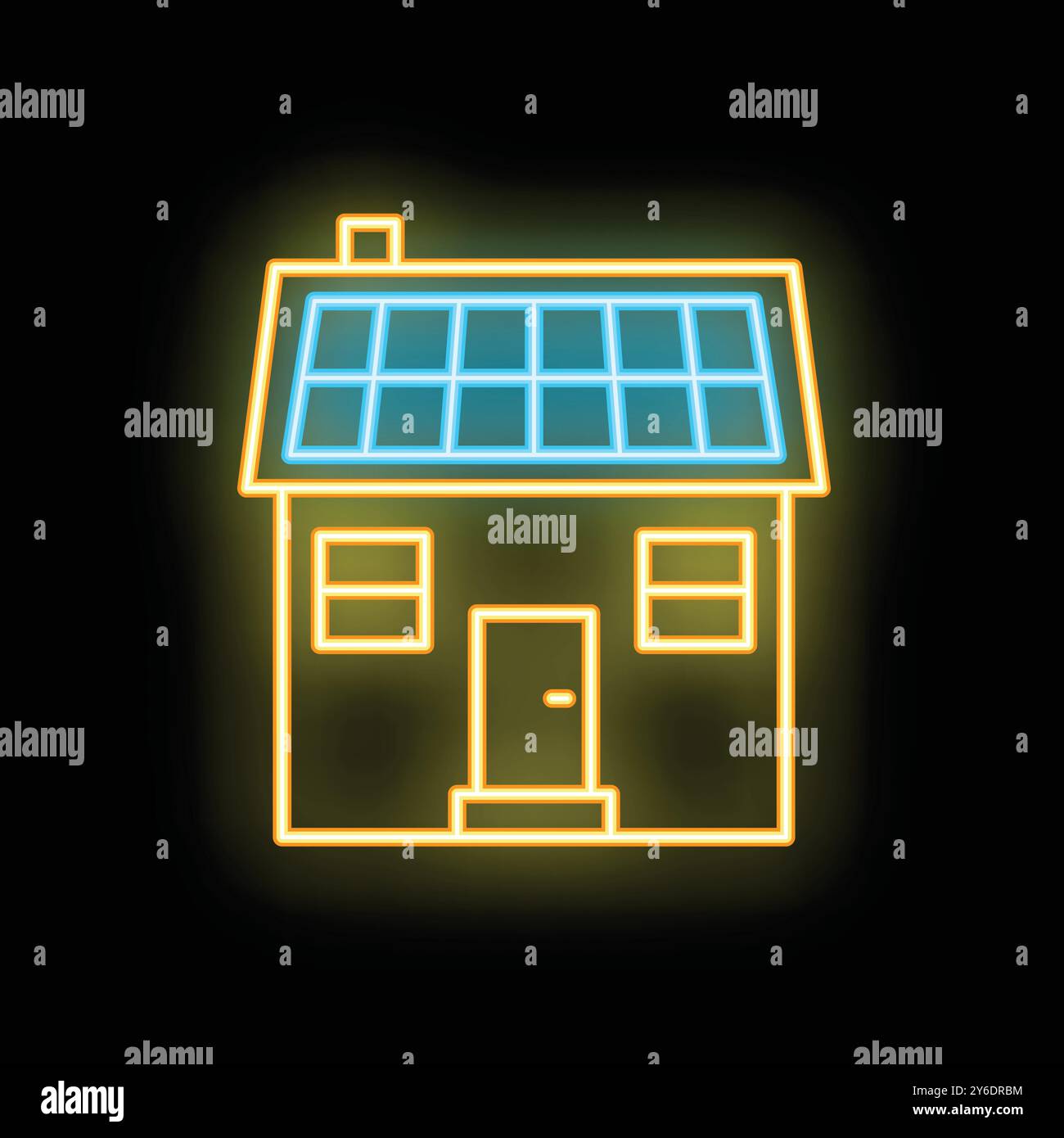 Neon house icon with solar panels on its roof, illustrating the concept ...