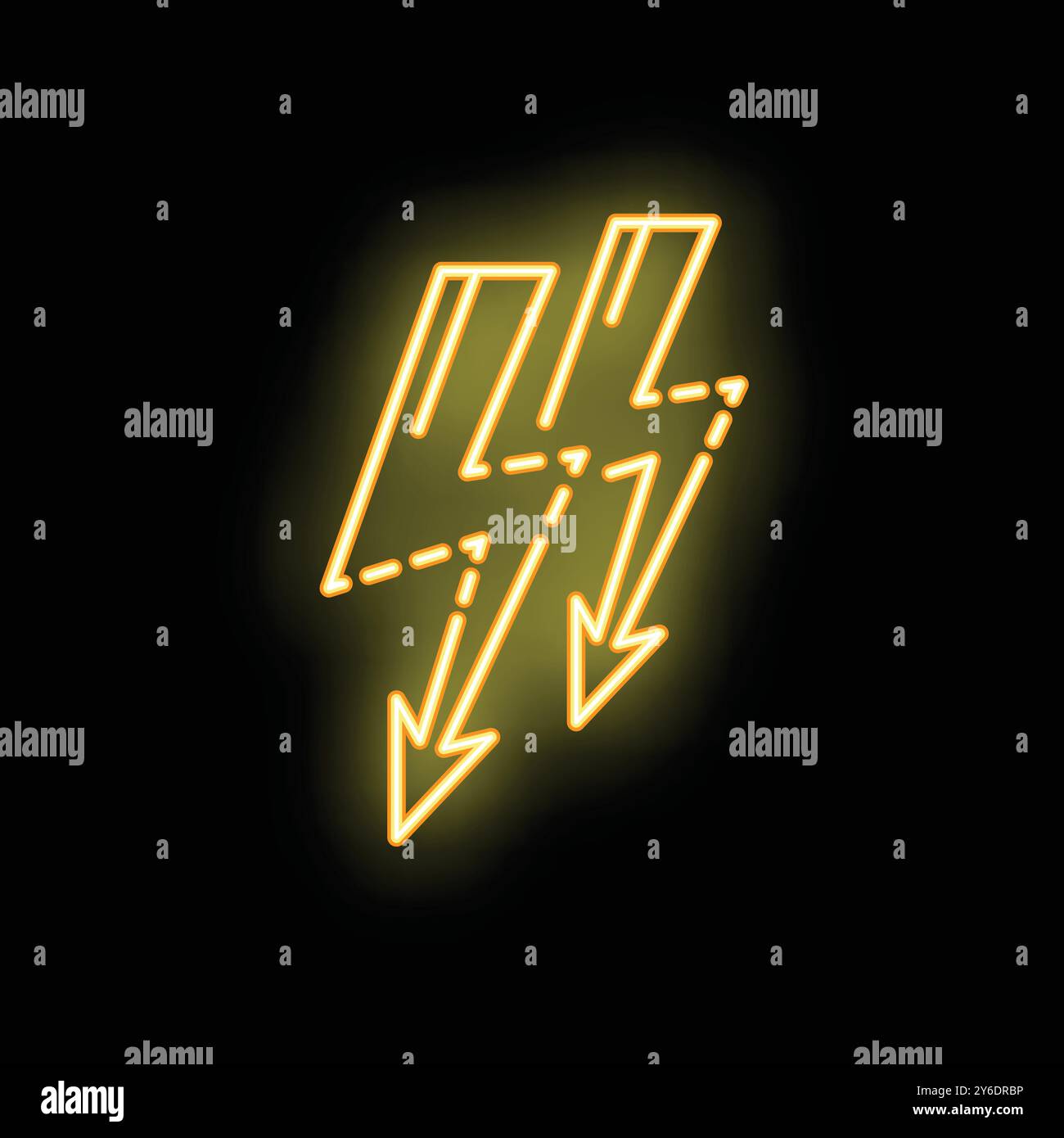 Glowing neon sign depicting a yellow lightning bolt striking downwards ...