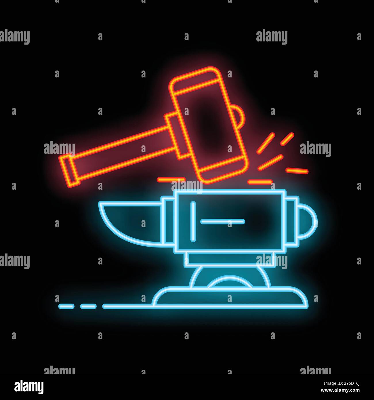 Neon sign representing a hammer striking an anvil, a symbol of hard ...