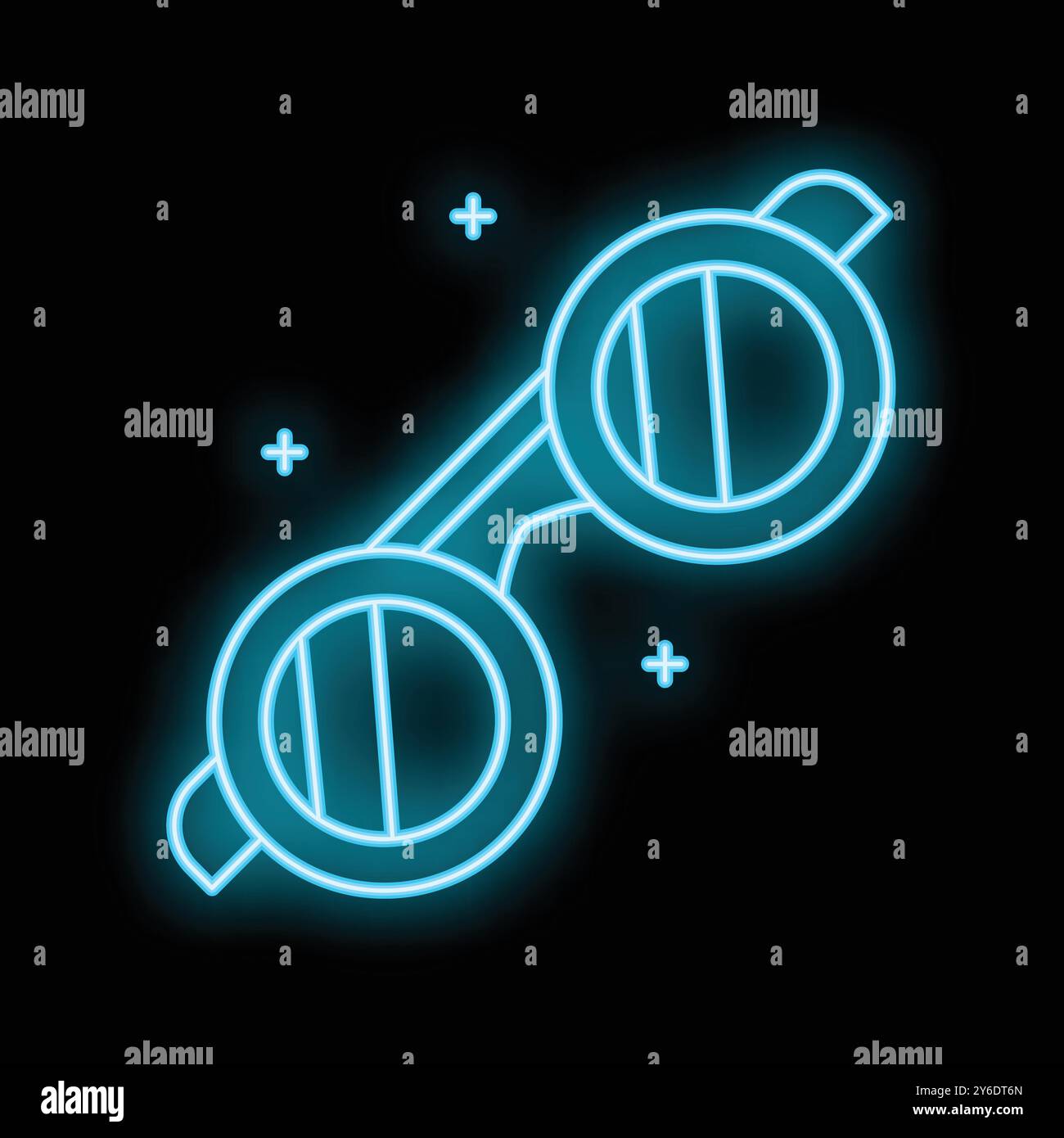 Blue neon sign of round glasses glowing on a black brick wall ...