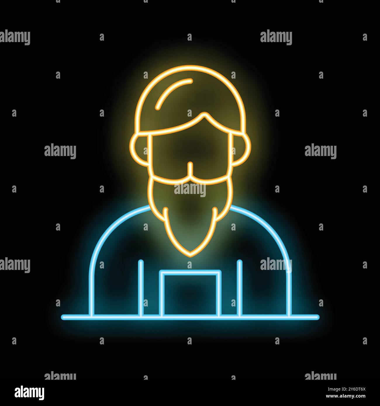 Glowing neon sign depicting a man with a beard wearing overalls on a ...