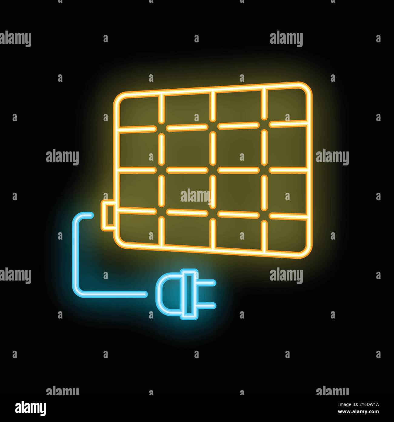 Neon solar panel generating electricity with plug icon on black ...