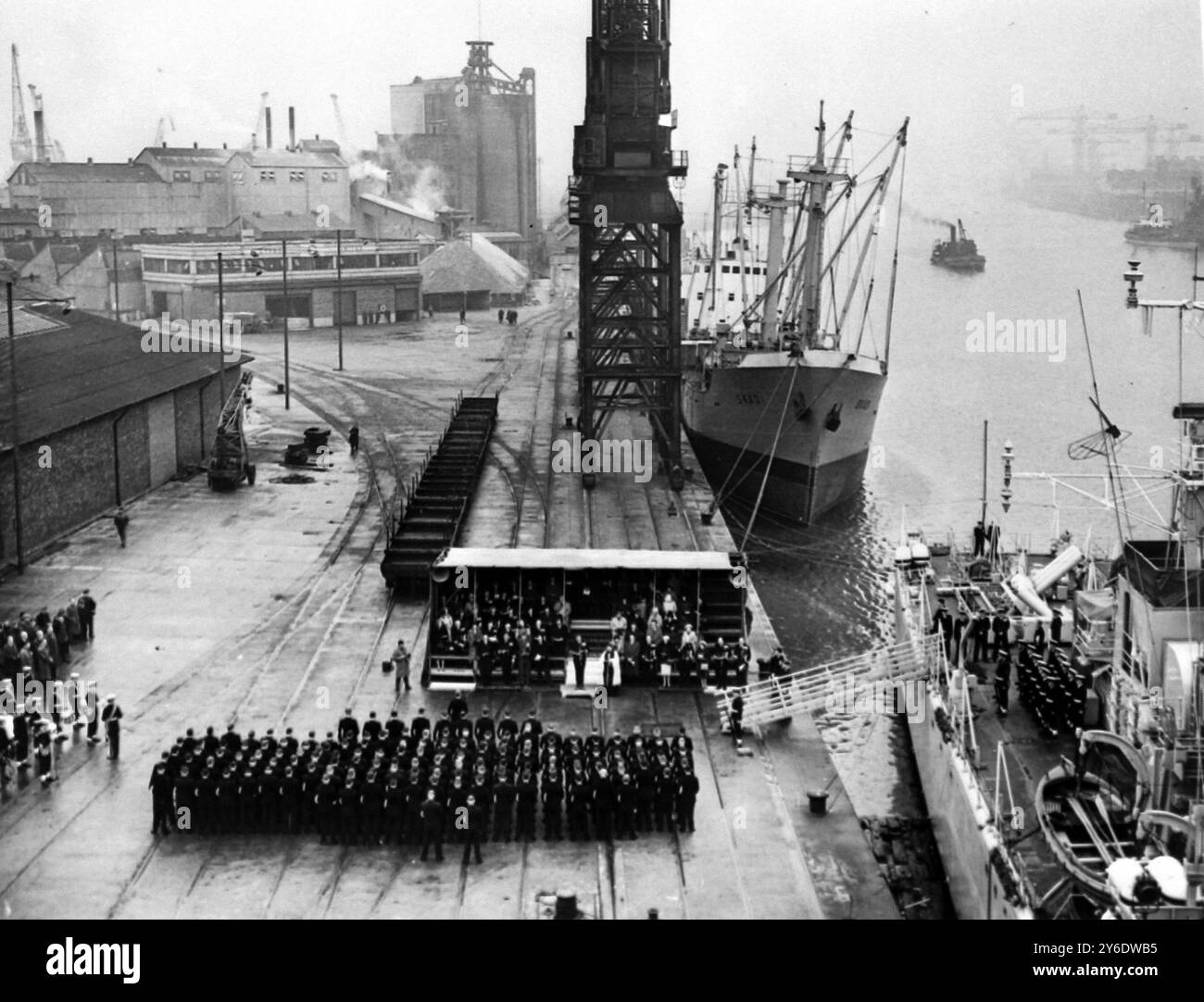 CRANE TOP VIEW OF CEREMONY FOR ANTI SUBMARINE FRIGATE PRESIDENT STEYN ...