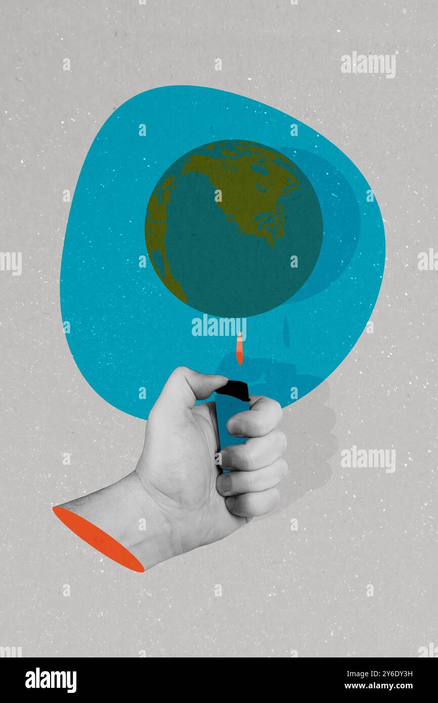 Creative poster collage of hand hold lighter planet earth climate ...