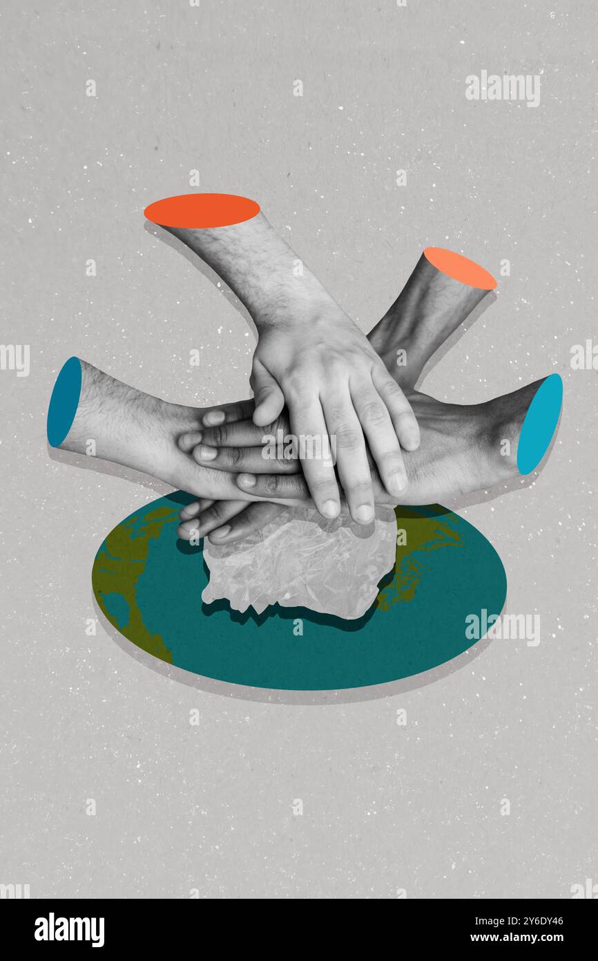 Vertical photo collage 3d human hands body fragments put together earth ...