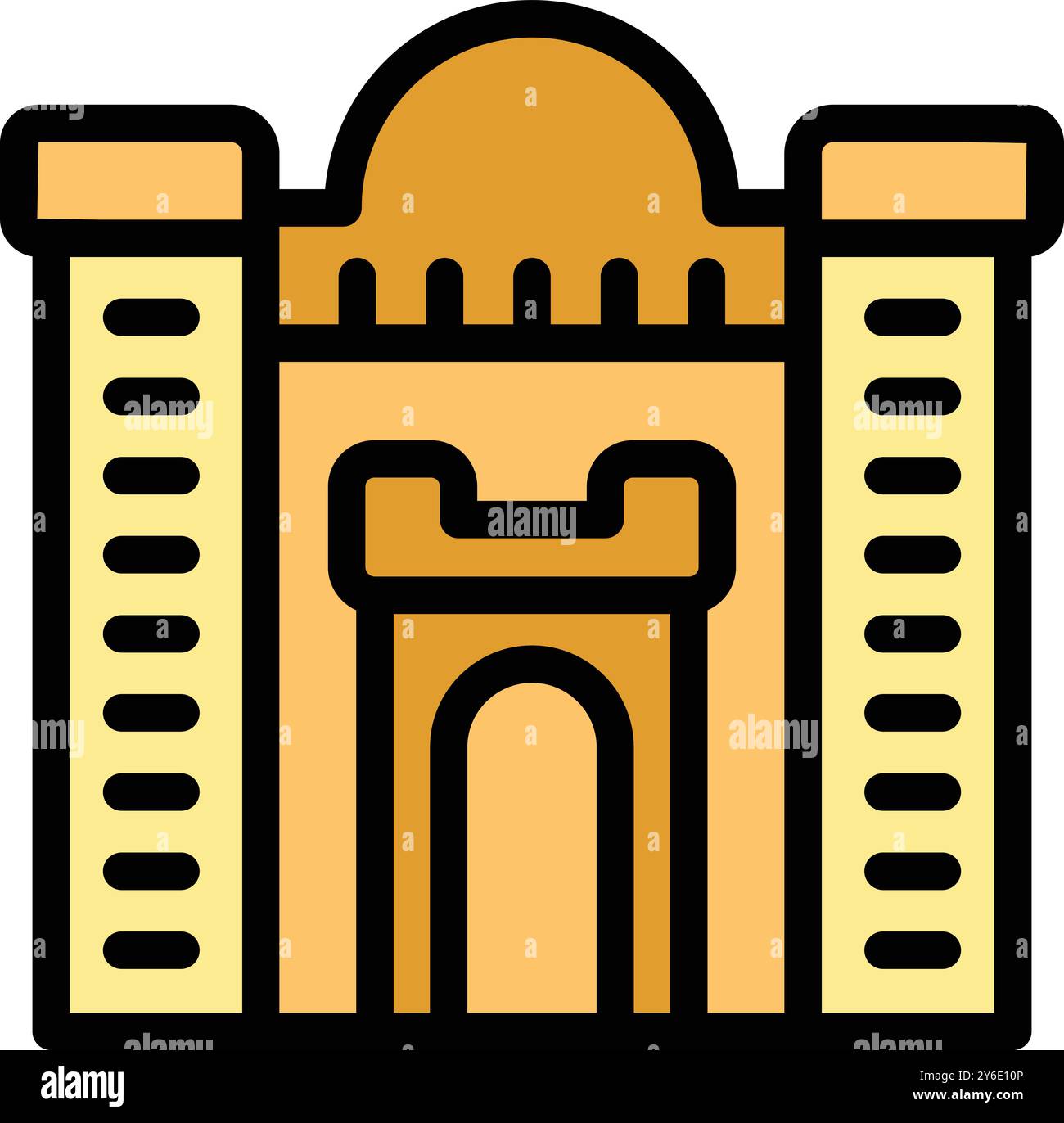 This icon design features an ancient city gate with towers and an ...