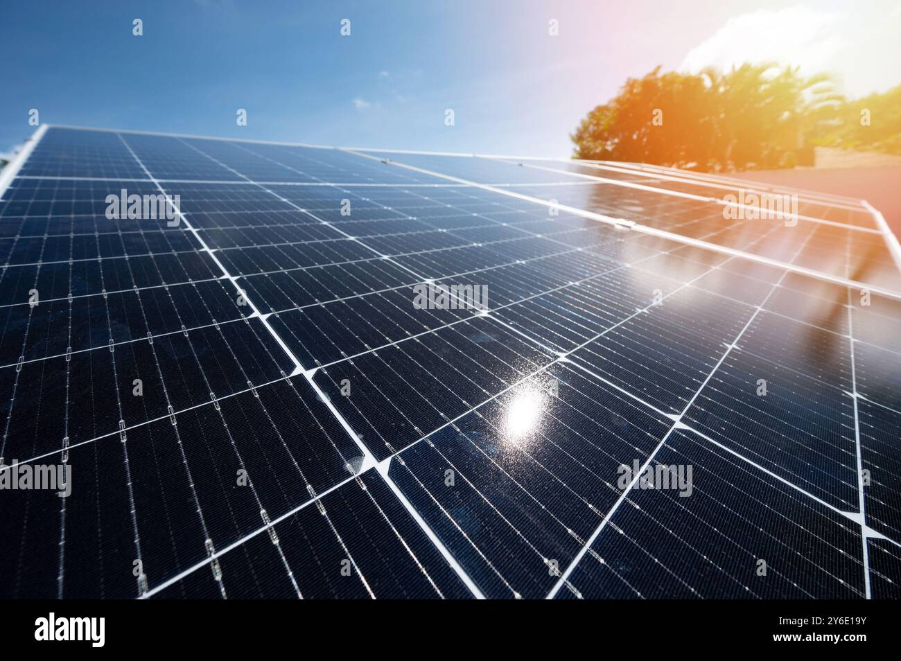 Sun energy generation theme. Electrical panel on blue sky sunny ...