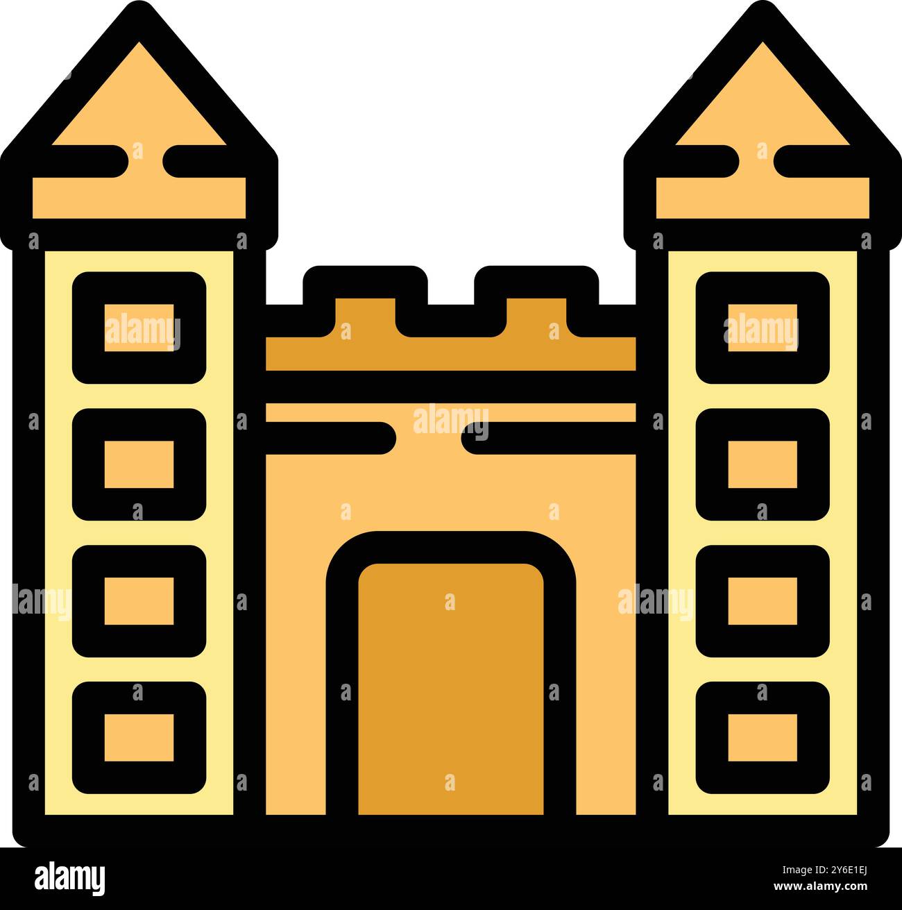 Simple flat illustration of a castle with two towers and a gate, with ...