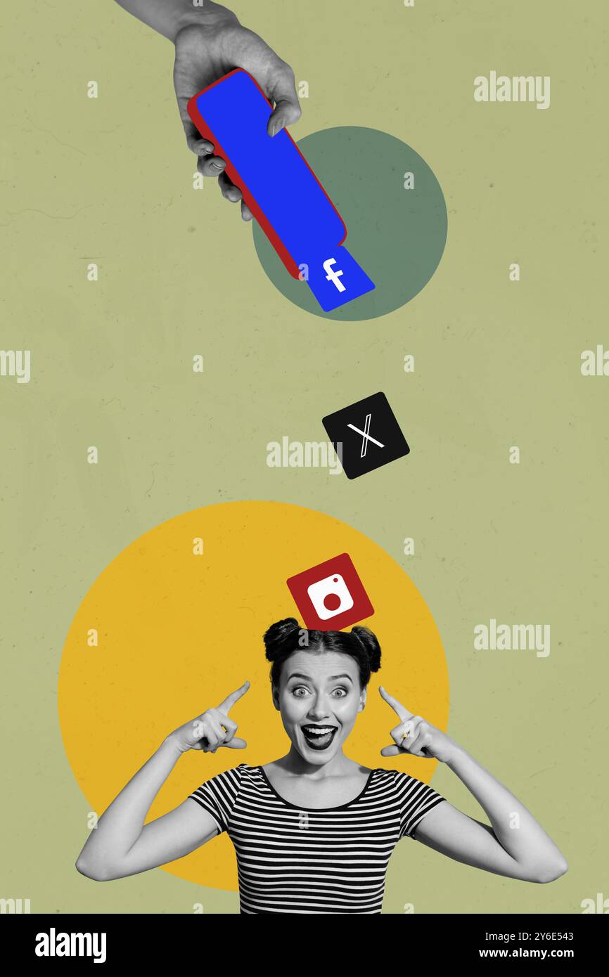 Vertical collage picture young girl amazed showing app digital device ...