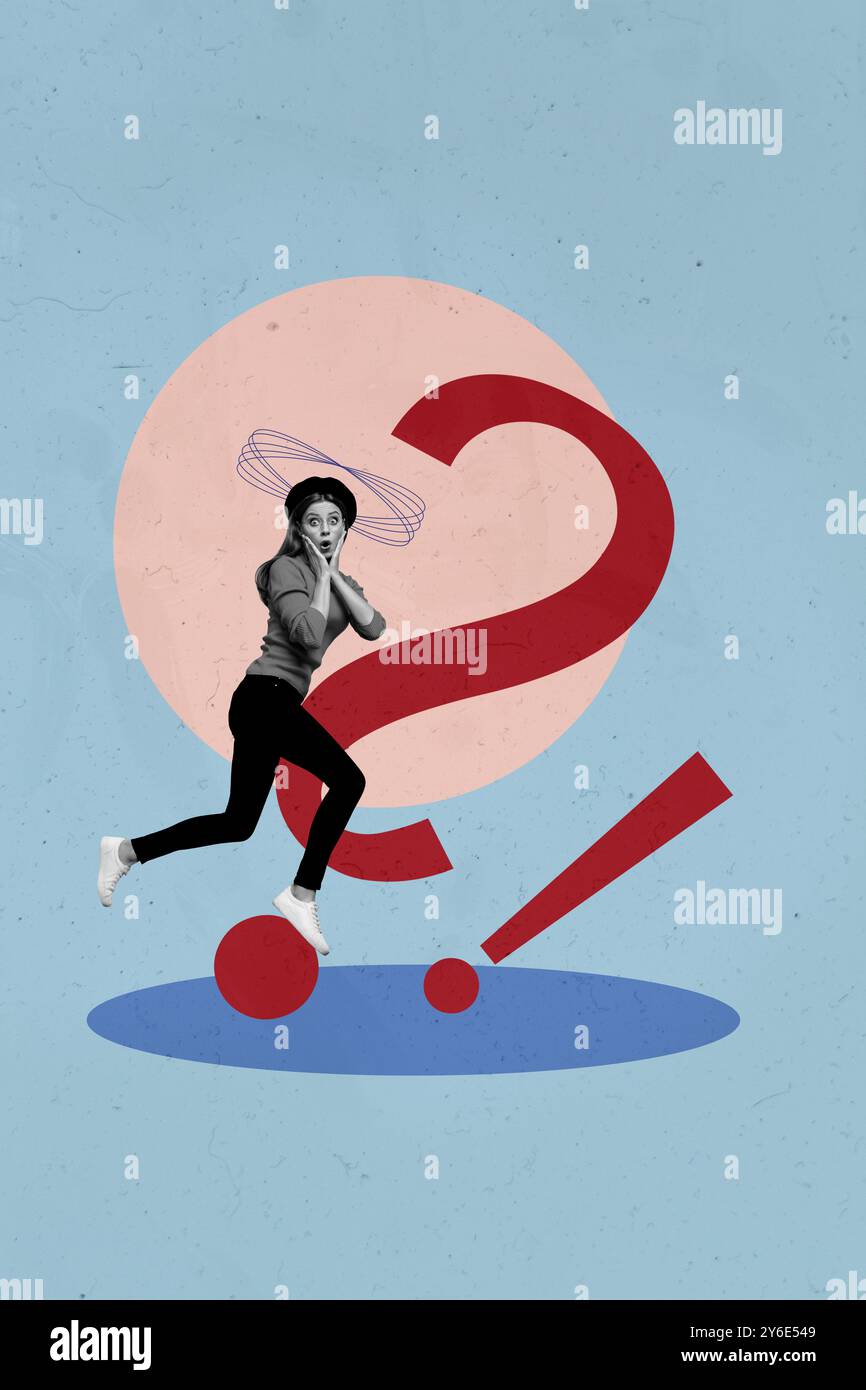 Vertical poster collage young woman shocked amazed frustrated question ...