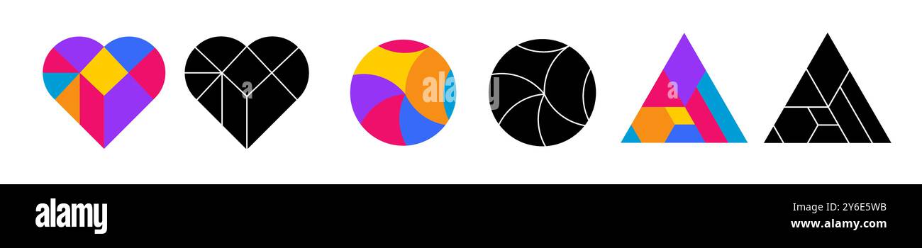 Tangram game heart, circle and triangle figures in colorful and black ...
