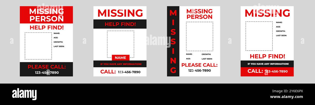 Set of missing person posters in red style with warning information ...