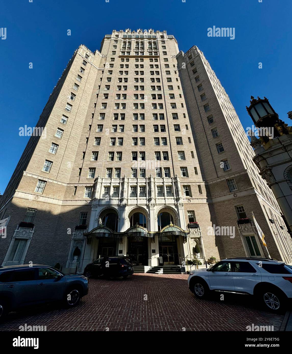 Outside view of The Mark Hopkins Intercontinental Hotel under a blue ...