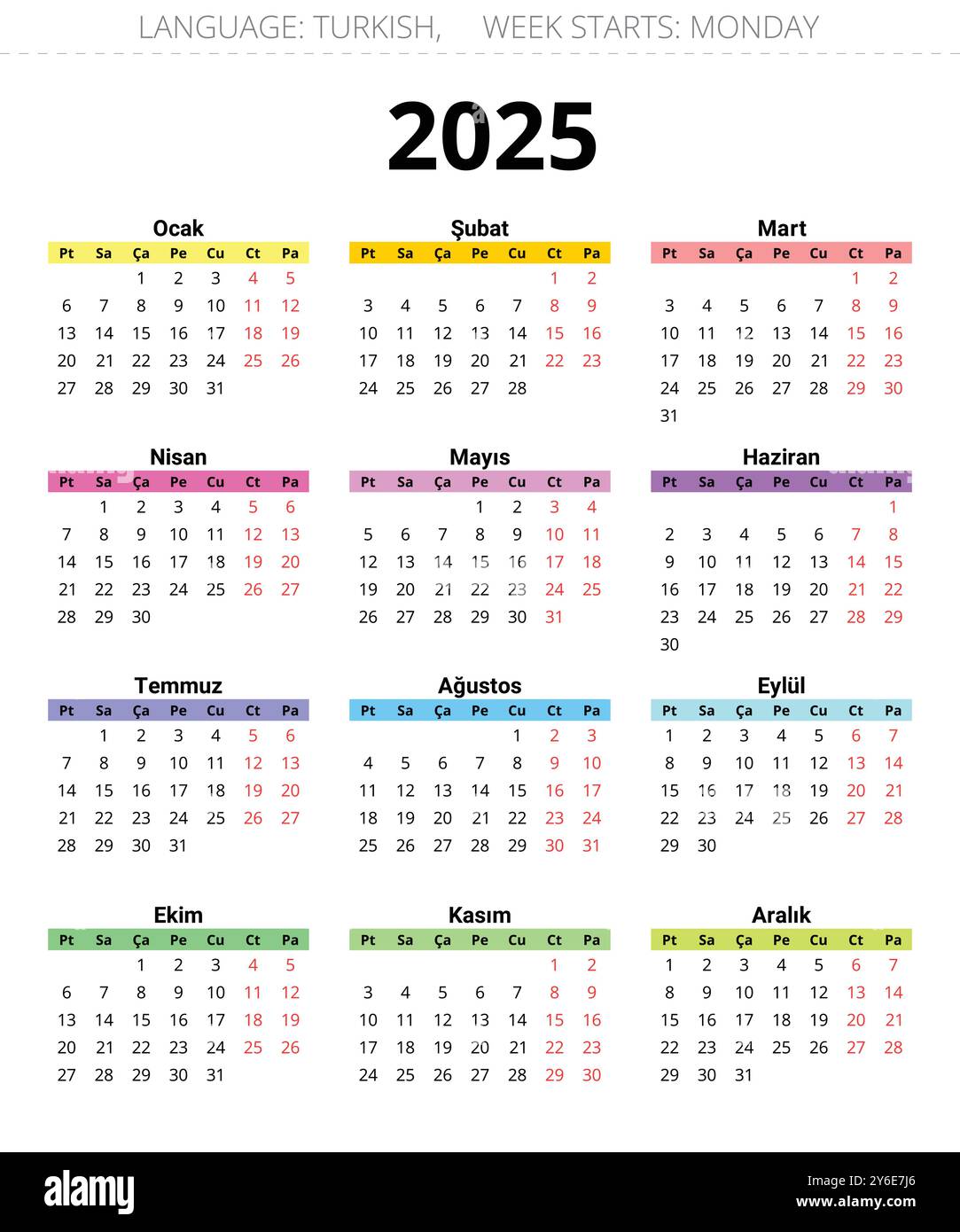 2025 year turkish calendar. Printable vector illustration for Turkey in ...