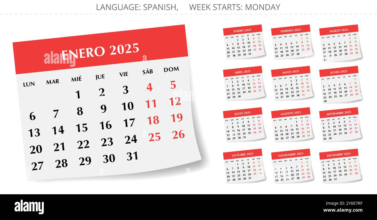 2025 Spanish paper calendar. A collection of vector illustrations for each month in year. For ...