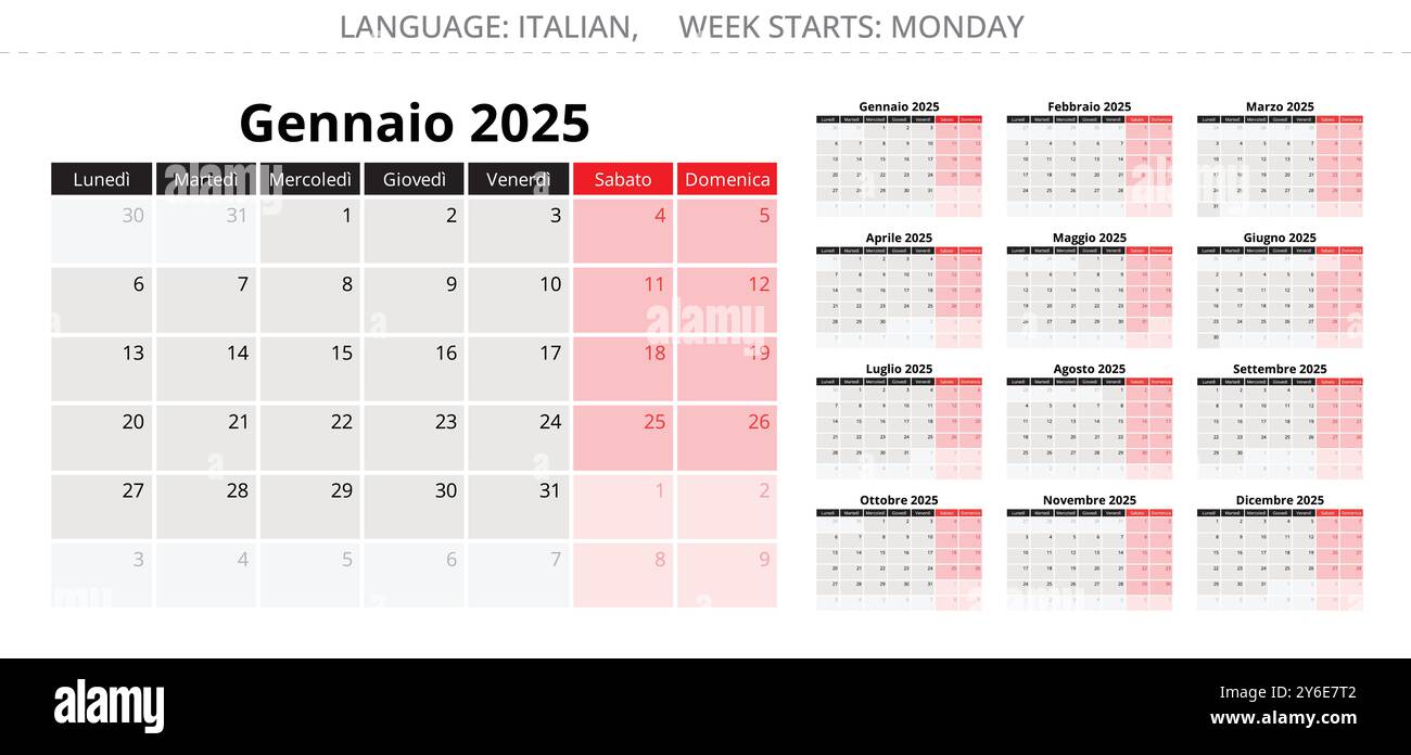 Calendar for 2025. Italian. Collection for each month. Vector ...