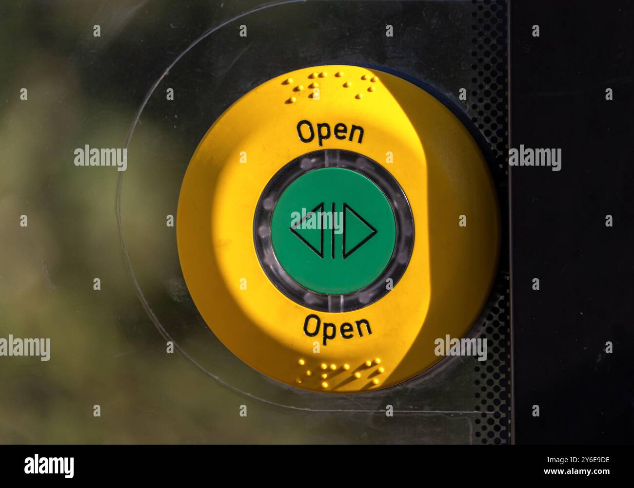 Button for controlling door opening in a moving bus Stock Photo - Alamy