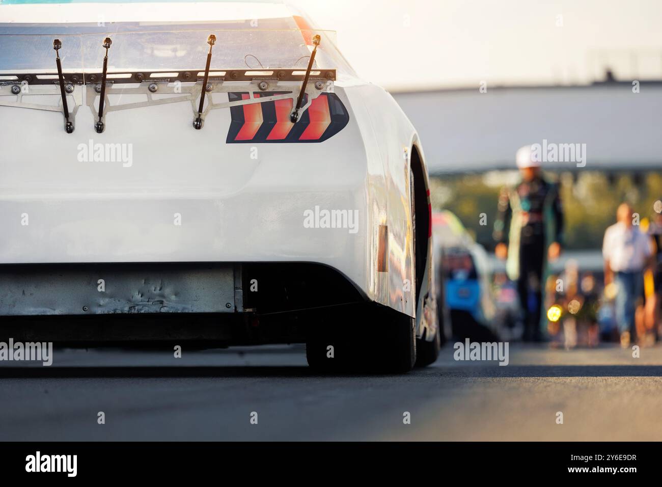 Back rear view Nascar Whelen euro series white racing sportscar car ...